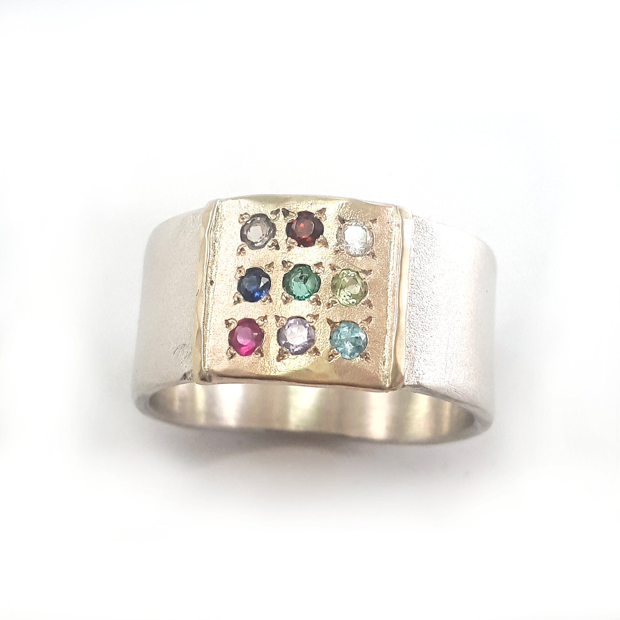 Semi Wide Silver Ring With Nine Multicolored Birthstones Set | Etsy