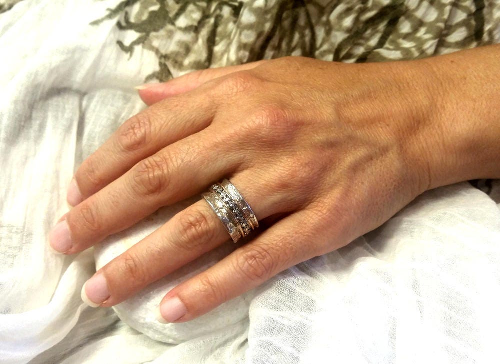 Striking Spinner Ring, Crumpled Tinfoil Texture, Two Pink Gold Spinner ...