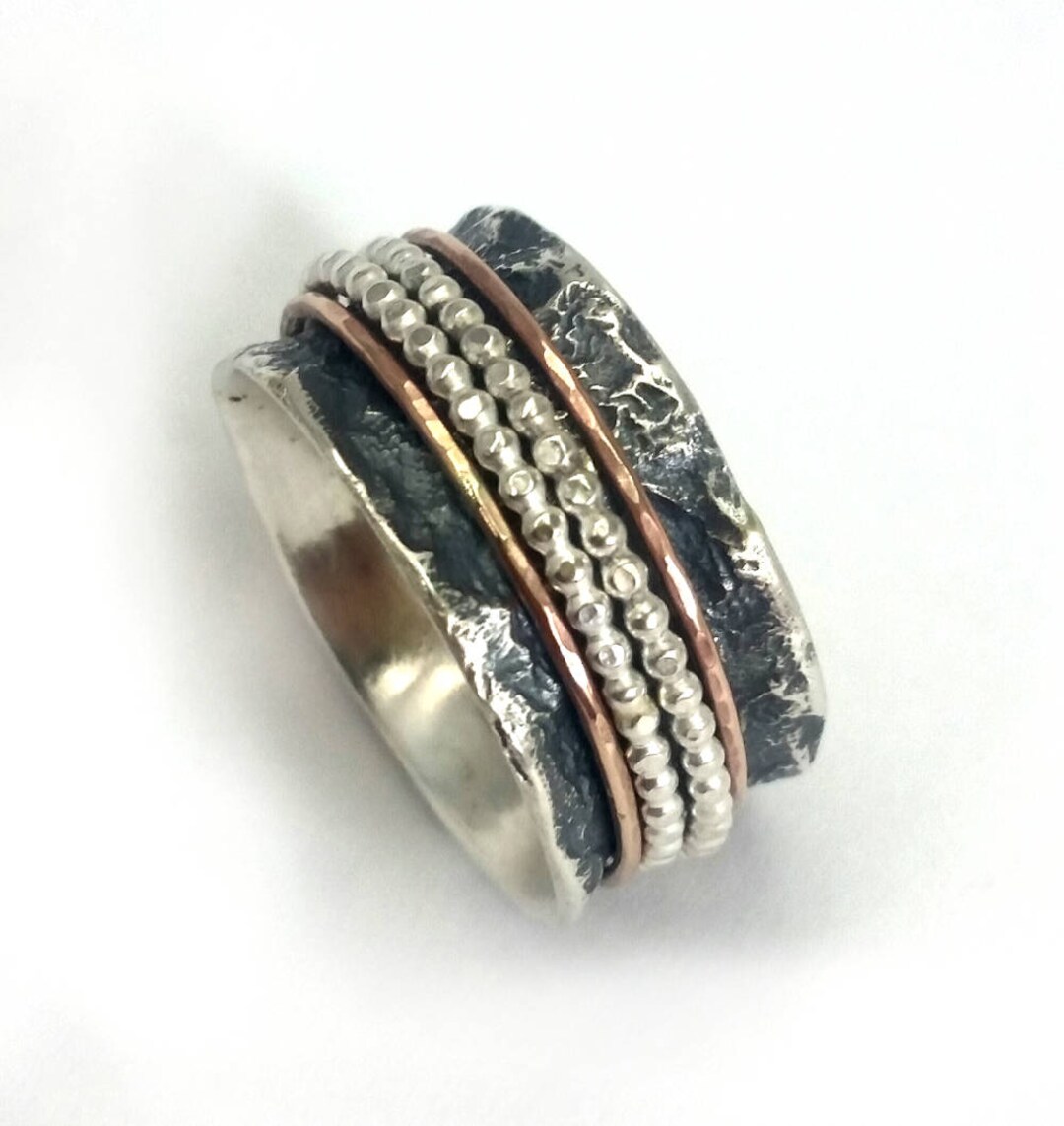 Oxidized Textured Spinning Wedding Ring, Wide Rotating Ring With Two ...