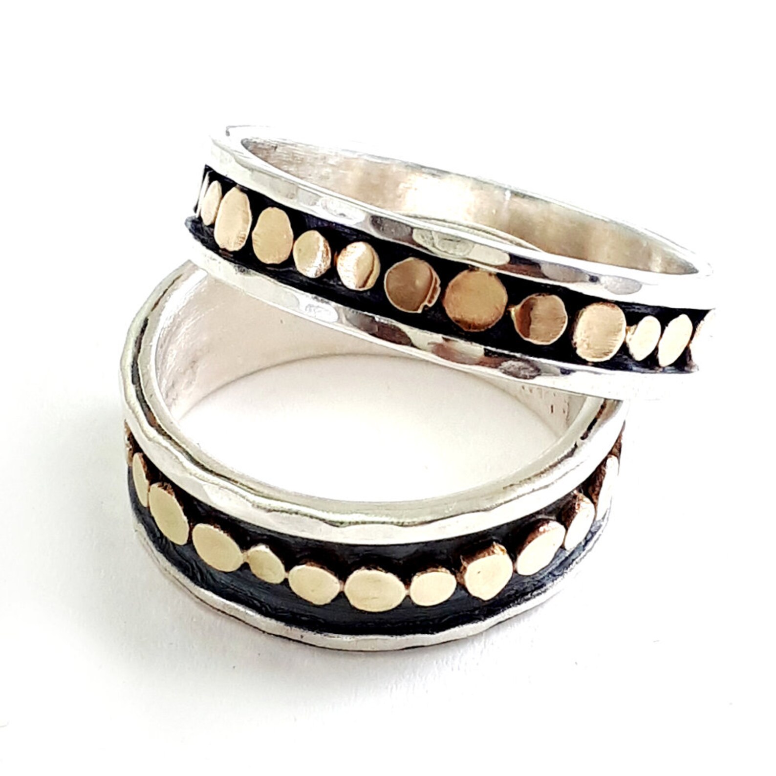 Black and Gold Wedding Ring Set Tricolor Rings Polka Dot - Etsy