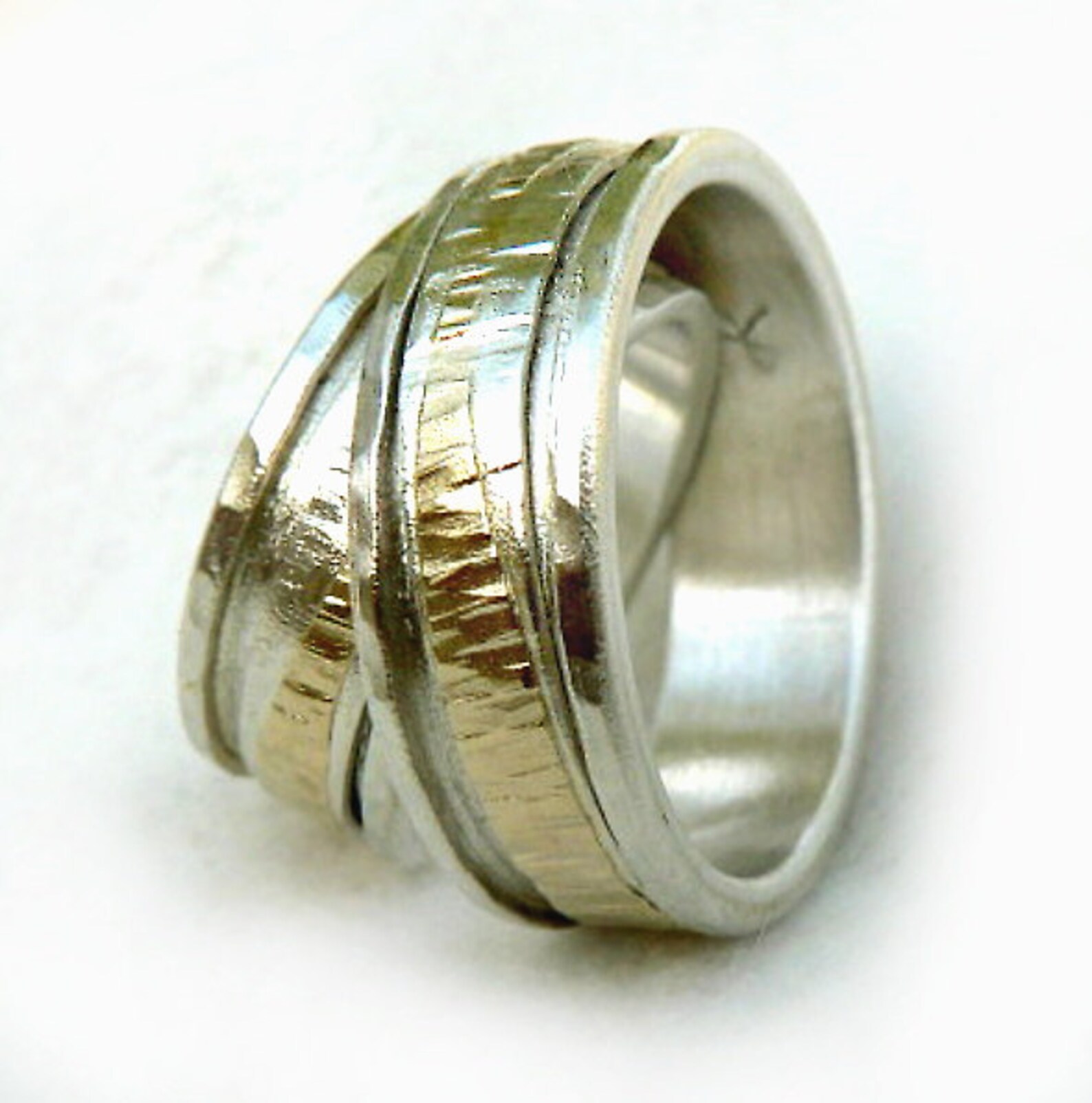 Silver Gold Spinner Ring Set, Asymmetrical Hammered Spinner Band ...