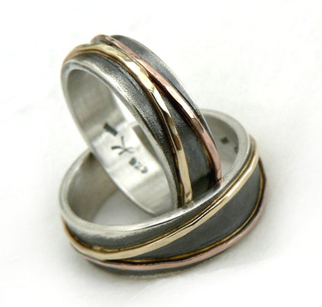 Elegant and Unusual Wedding Ring Set, Oxidized Silver Base With Yellow ...