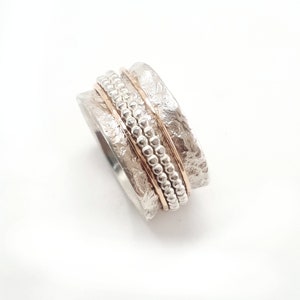 Textured Spinning Wedding Ring, Wide Rotating Ring With Two Yellow Gold ...