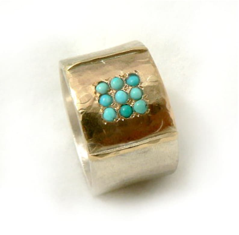 Wide Silver Ring With Nine Turquoise Gemstones Set in Gold - Etsy Israel