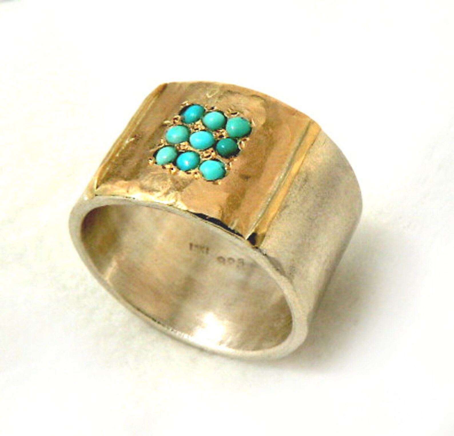 Wide Silver Ring With Nine Turquoise Gemstones Set in Gold Square ...