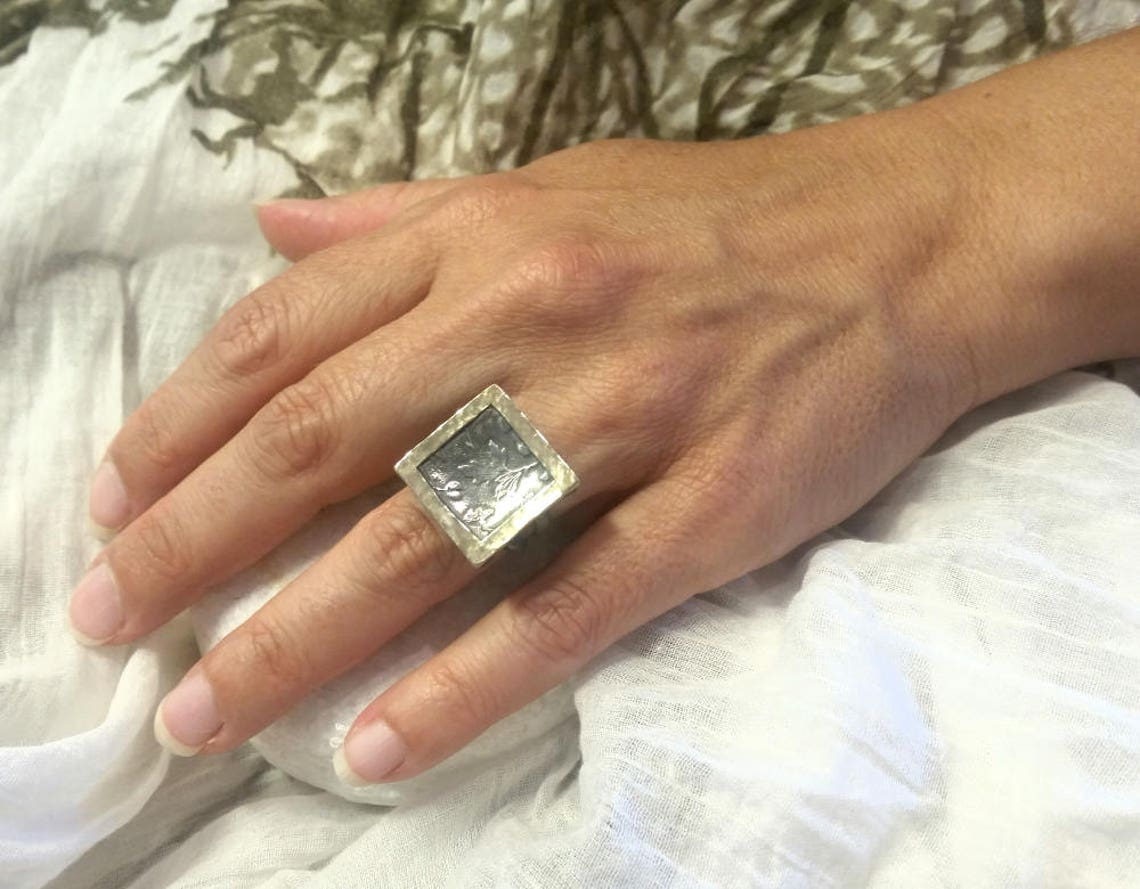 Beautiful Square Cocktail Ring, Art Nouveau Design, Oxidized Sterling ...