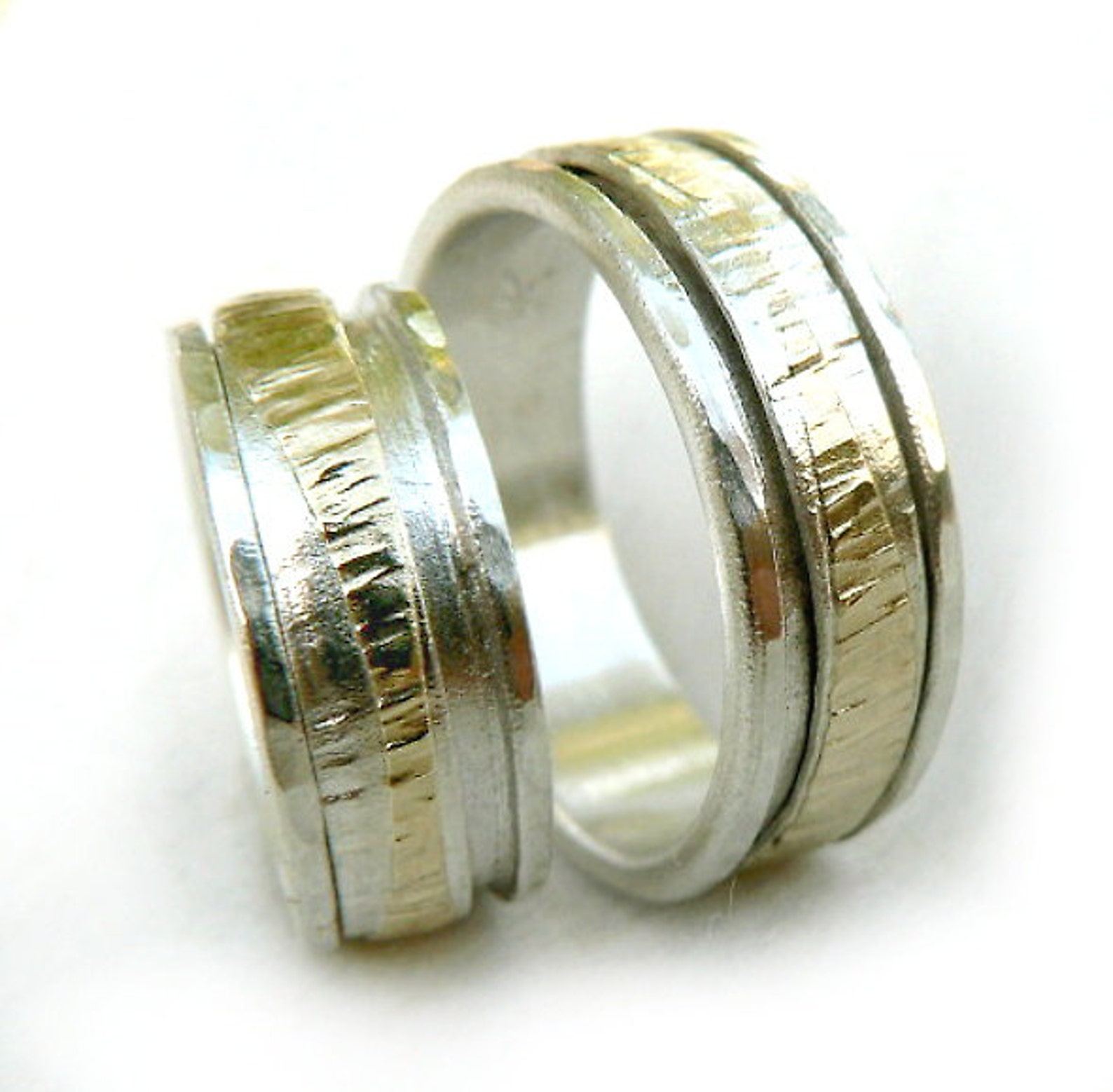 Silver Gold Spinner Ring Set, Asymmetrical Hammered Spinner Band ...