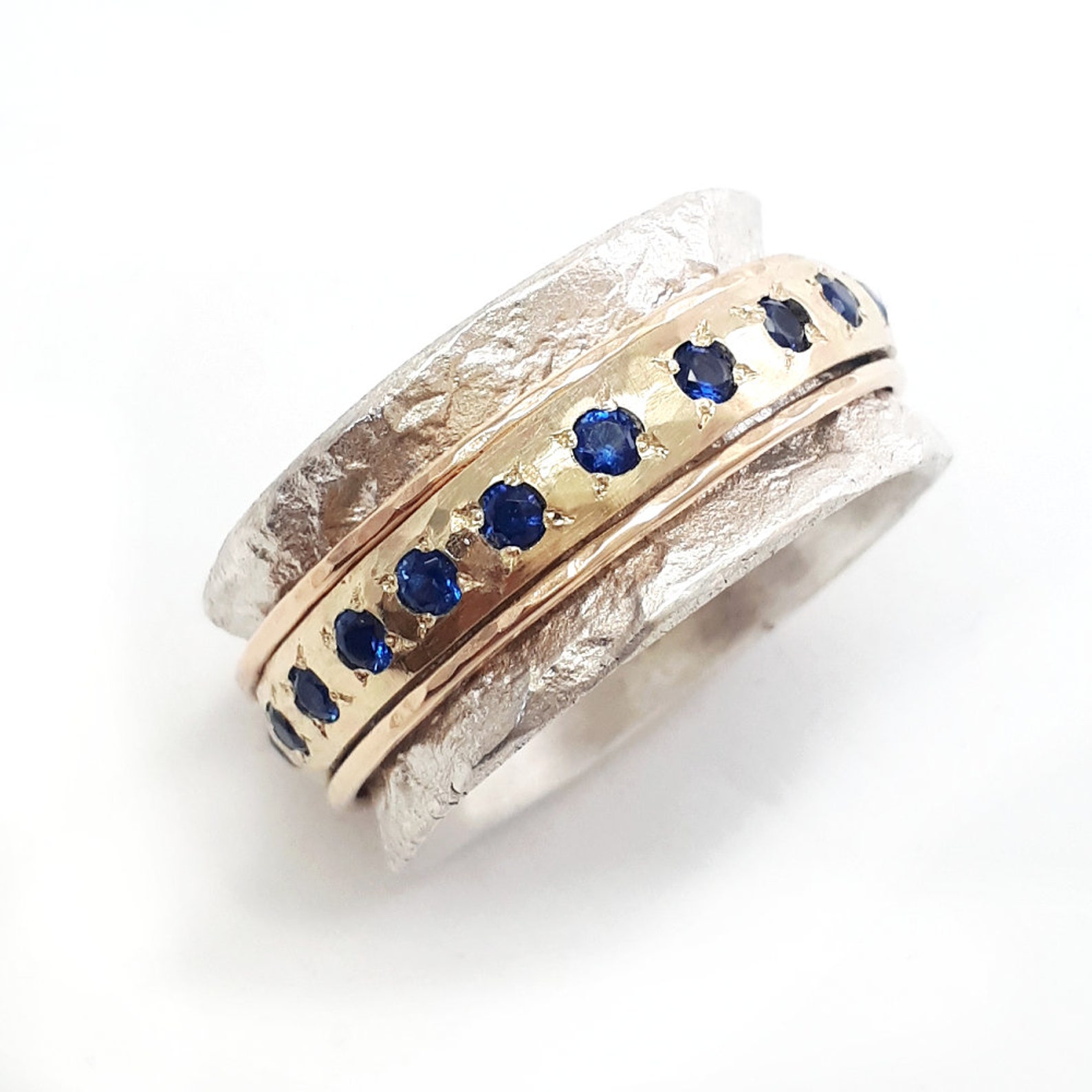 Sapphire Engagement Ring, Semi Wide Spinner Ring, Silver and Gold ...