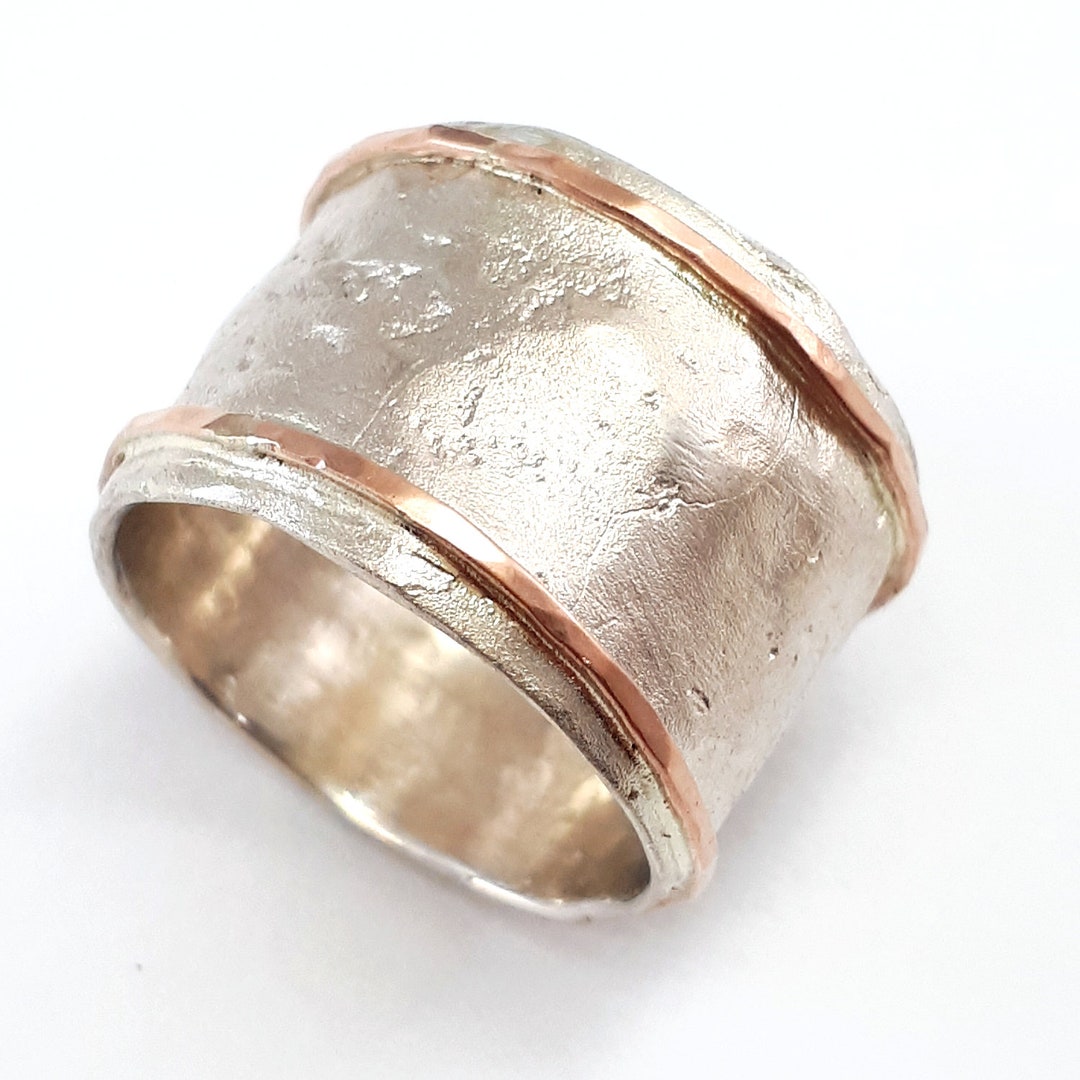 Wide Silver and Gold Wedding Band for Women, Distinctive Hand-crafted ...