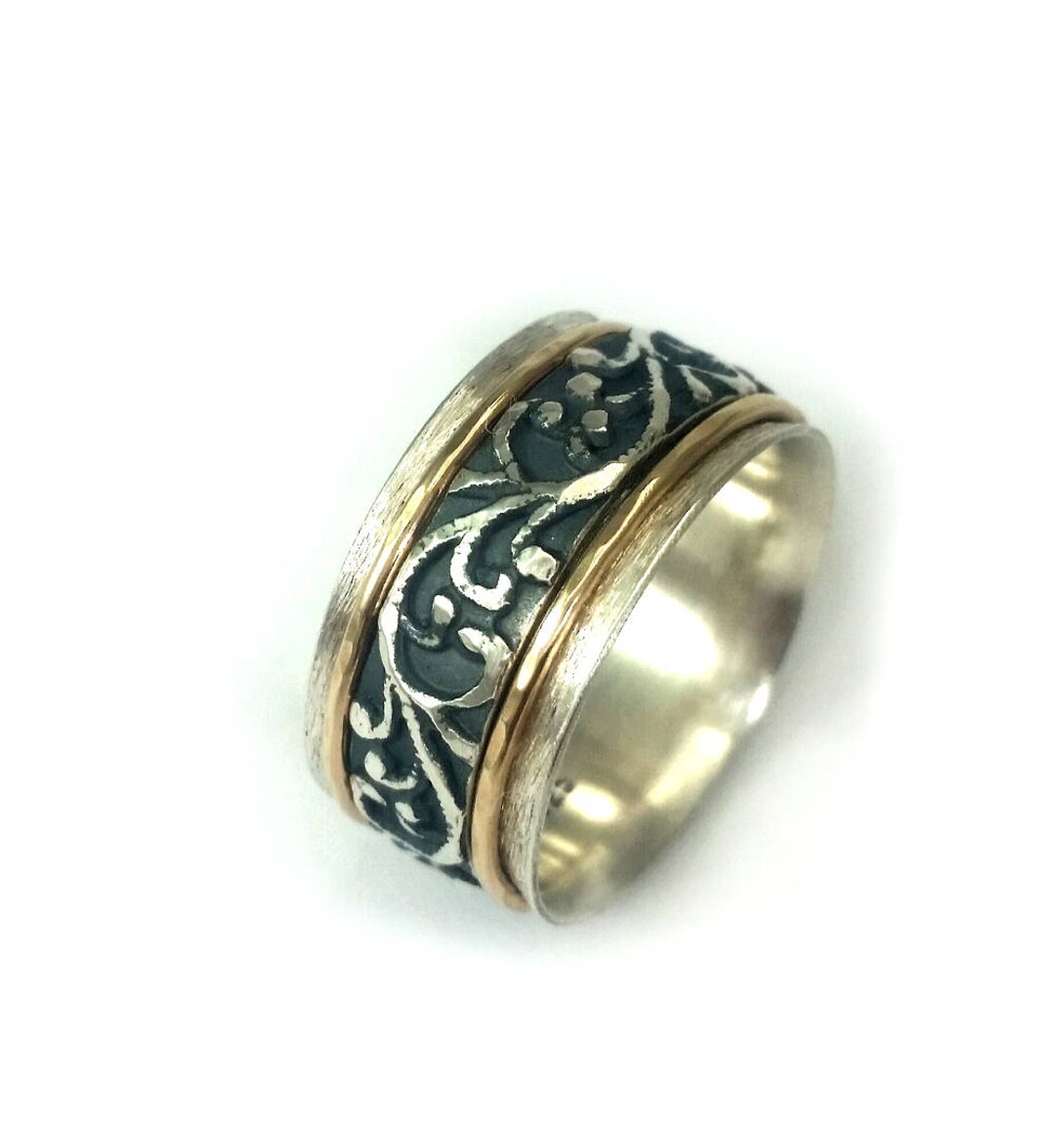 Floral Spinner Ring, Unisex Wedding Band, Wide Spinner, Oxidized ...