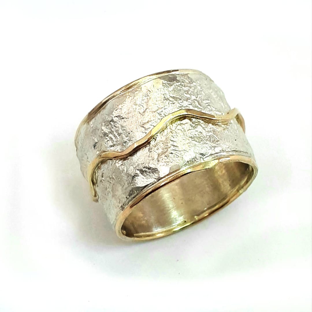 Wide Textured Women's Wedding Ring, Handmade Silver Gold Wedding Band ...