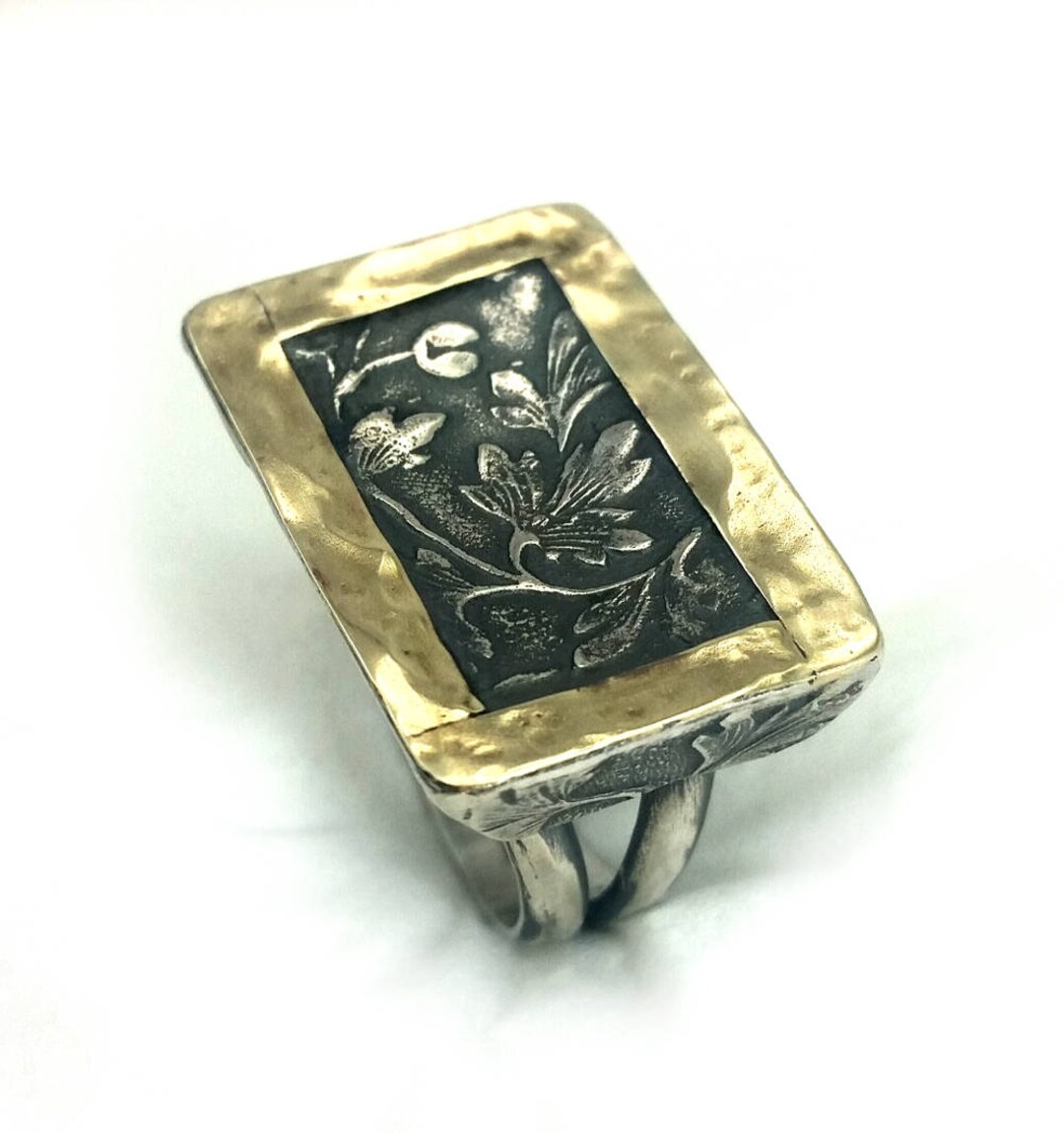 Unique Rectangle Cocktail Ring Oxidized Sterling Silver and Yellow Gold ...