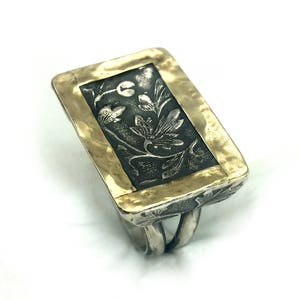 Unique Rectangle Cocktail Ring Oxidized Sterling Silver and Yellow Gold ...