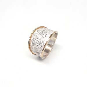 Wide Wedding Ring, A-symmetrical Ring, Flower and Leaf Pattern, Women's ...
