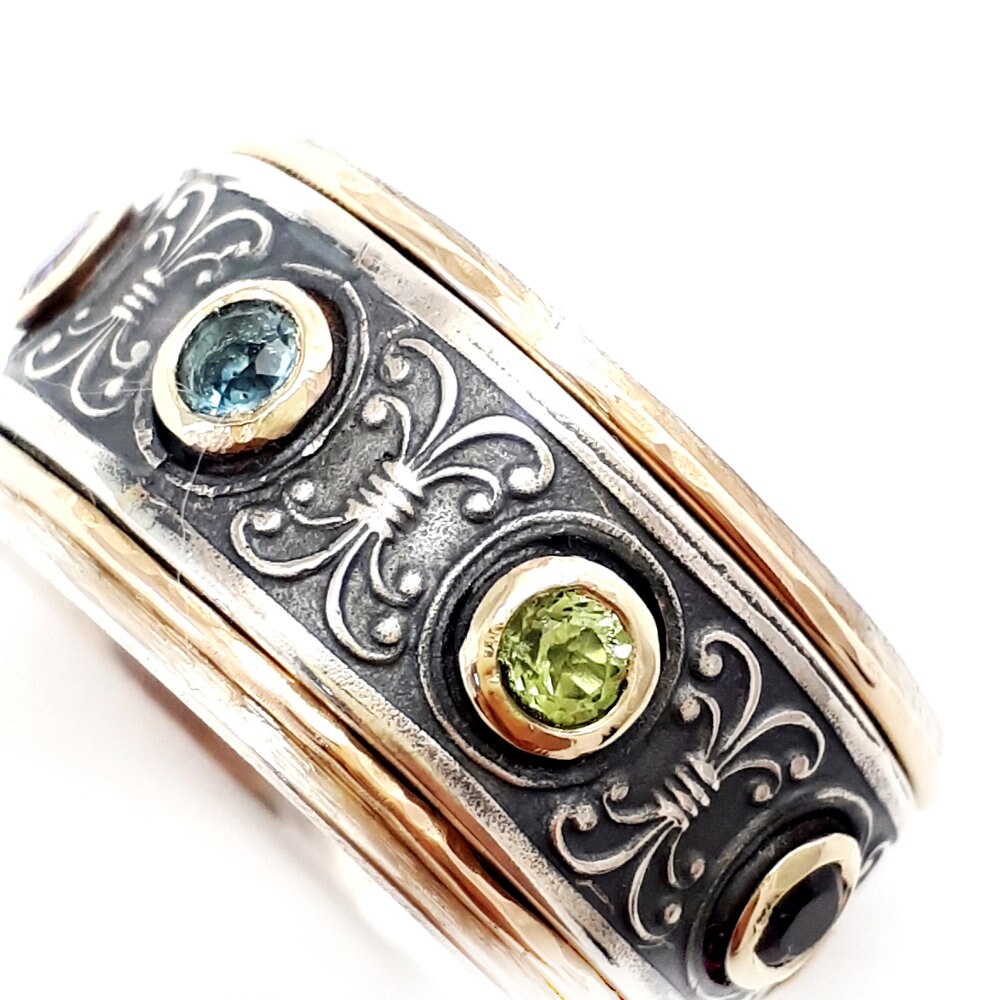 Semi Wide Spinner Ring Set With Birthstones, Sterling Silver Base With ...