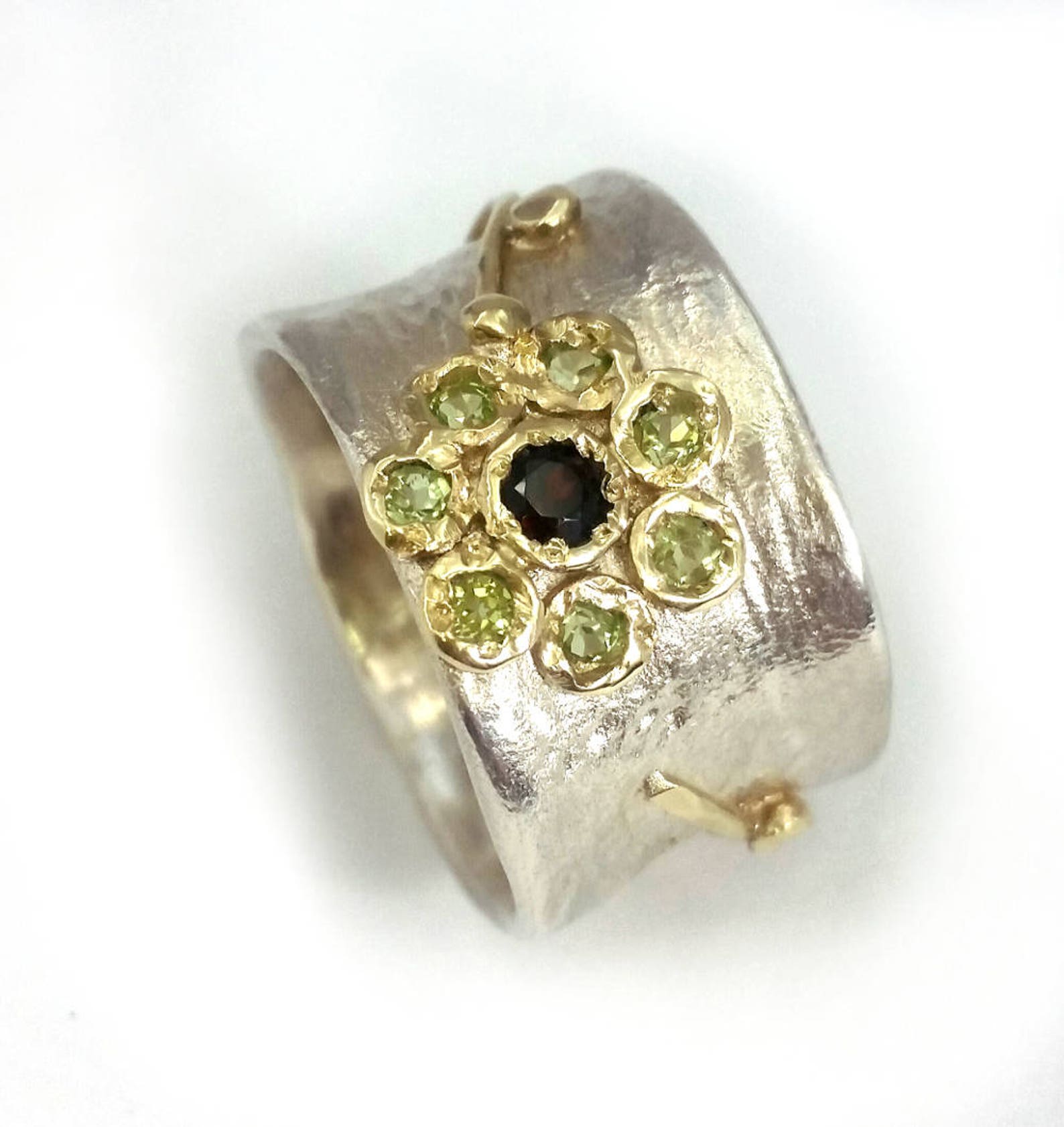 Handcrafted Flower Ring Silver Gold Ring Set With Garnet and - Etsy