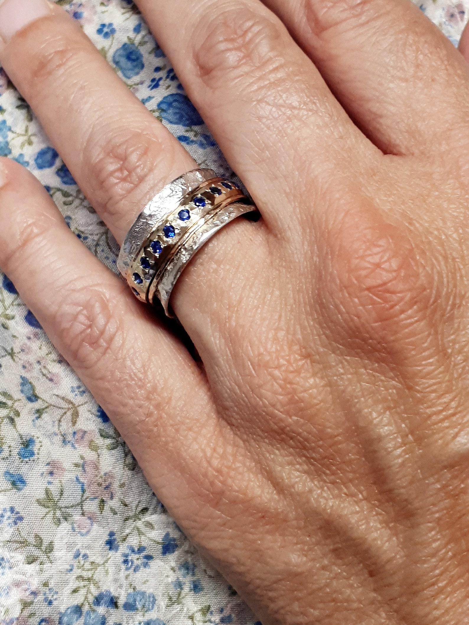 Sapphire Engagement Ring, Semi Wide Spinner Ring, Silver and Gold ...