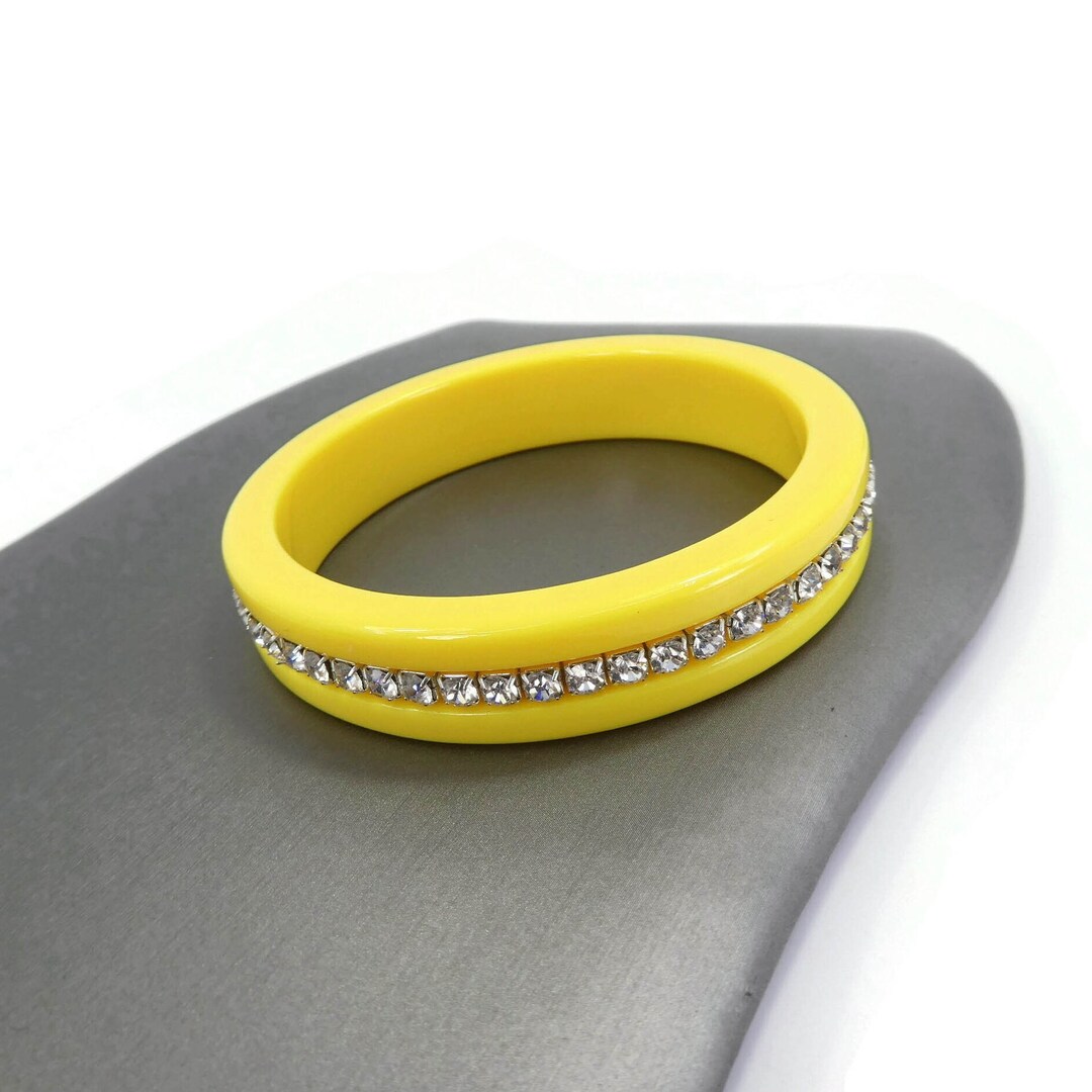 Vintage, Butter Yellow Bangle, Clear Rhinestones, Synthetic - Etsy