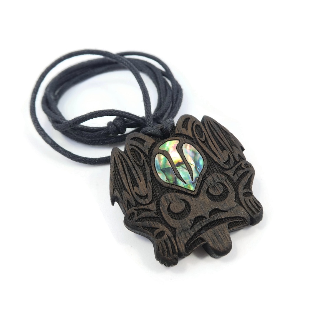 First Nations, Wood Frog Necklace, Abalone, Black Cord, Adjustable ...