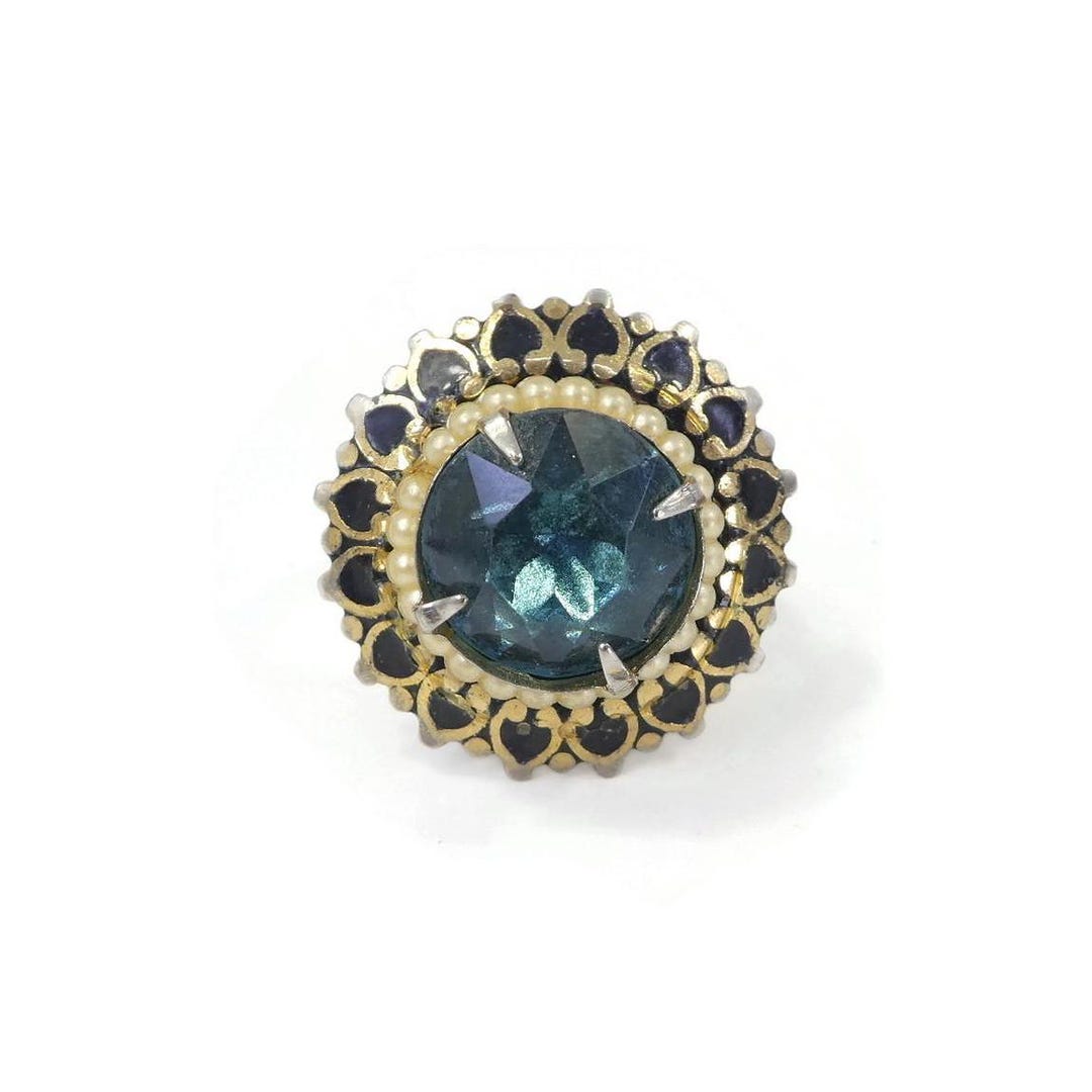 Vintage, Blue Rhinestone Ring, Faux Pearls, Black Enamel, Gold Tone ...