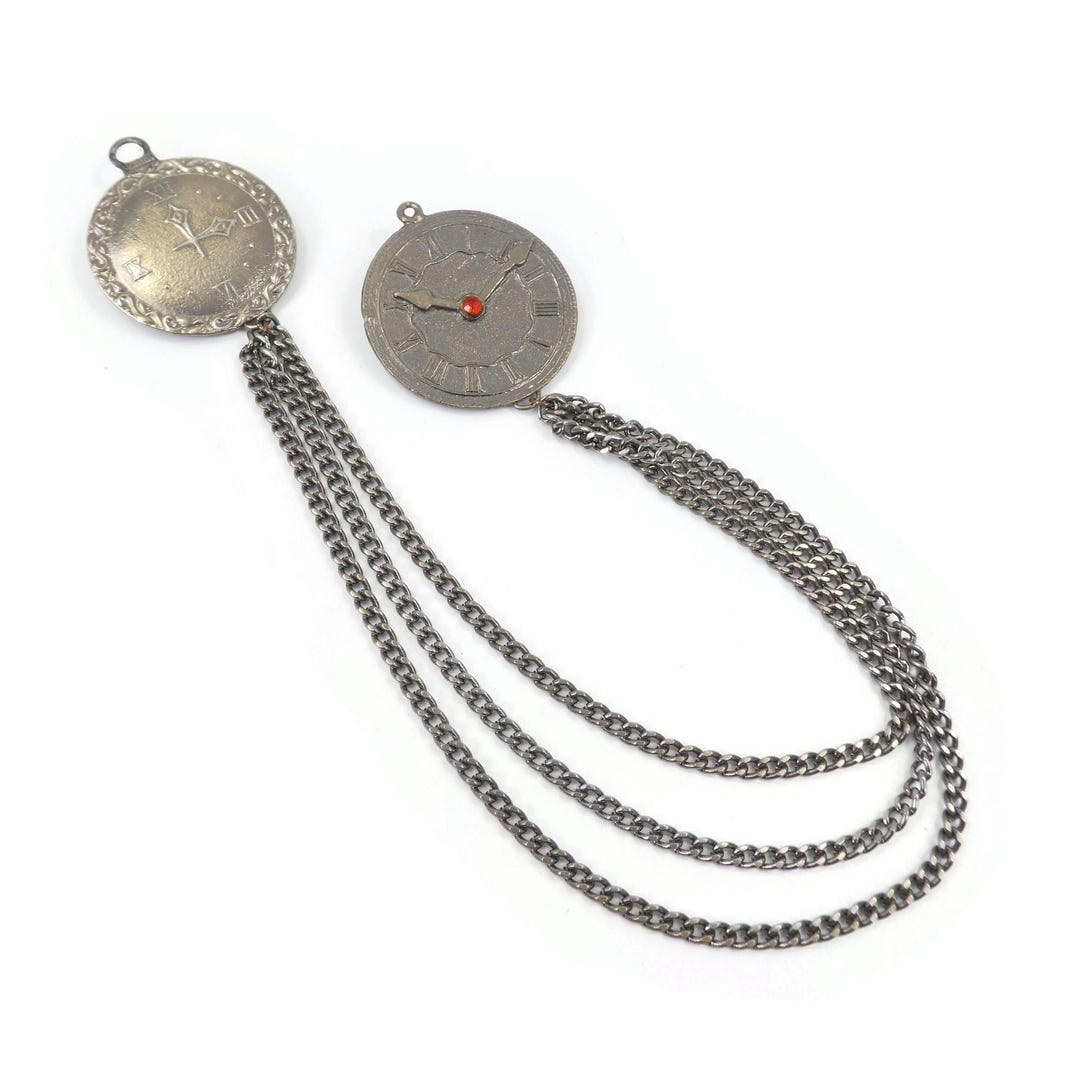 Vintage, Clock Face, Sweater Pins, Chains, Silver Tone - Etsy