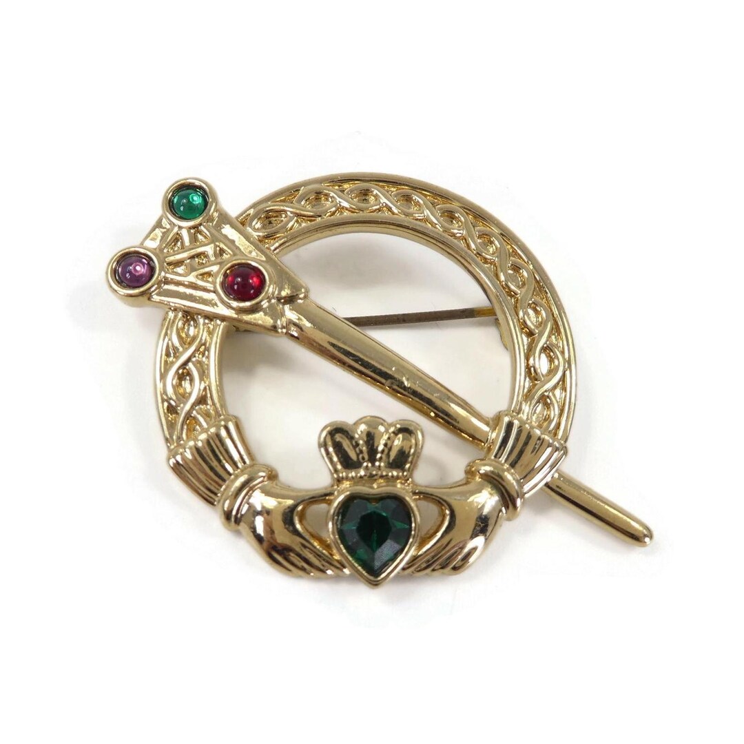 SOLD'OR, Celtic Brooch, Penannular Style, Claddagh, Glass Rhinestones ...