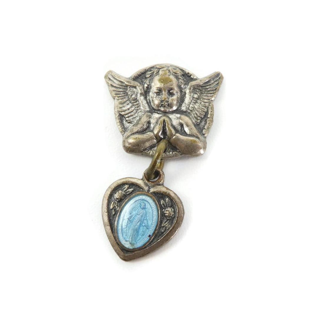 Vintage Italian, Catholic Cherub Medal, Charm, Pendant, St. Mary Heart ...