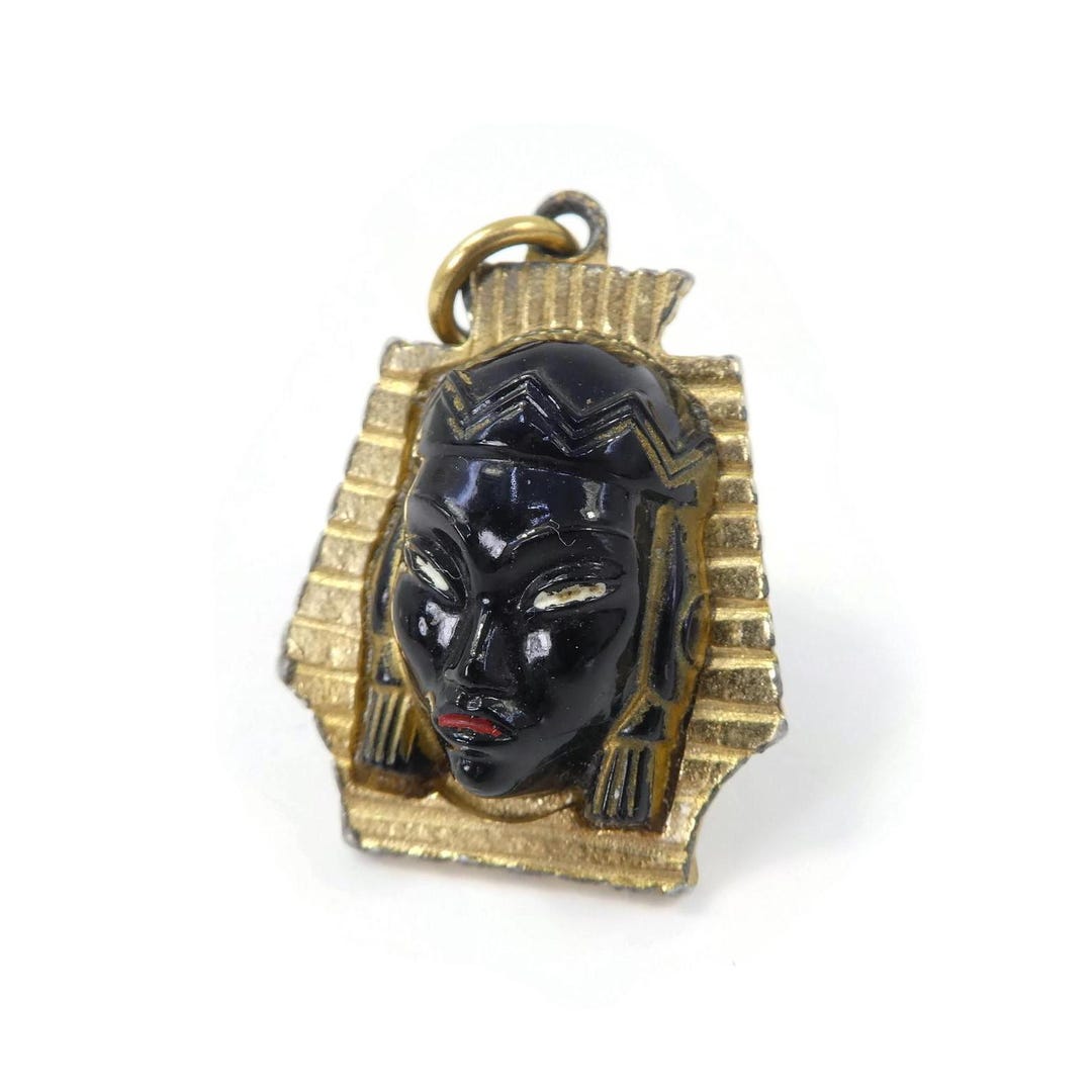 Vintage Art Deco, Egyptian Face Pendant, Black Glass, Gold Tone, Selro ...