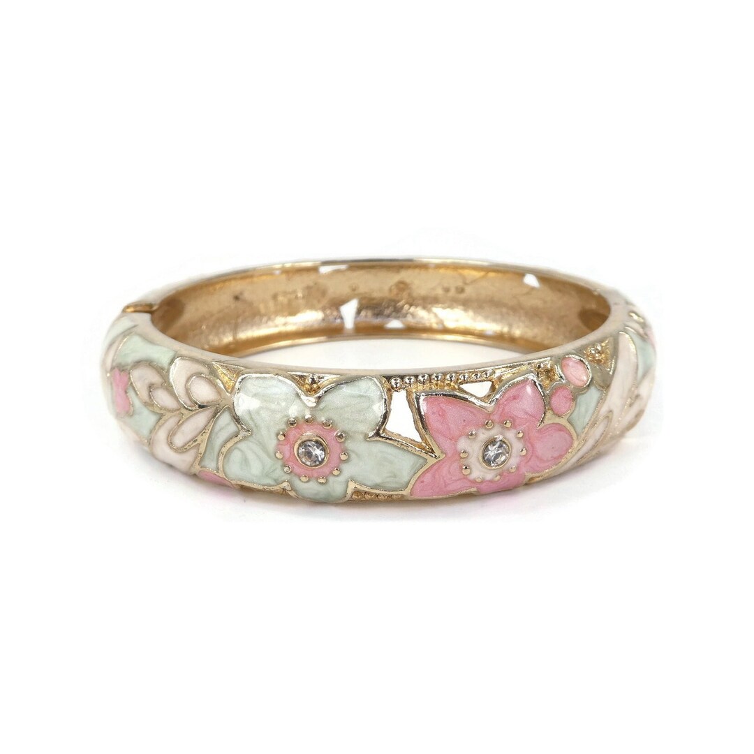 Vintage, JIU LONG XING, Pink Flower Bracelet, Cloisonne, Green Beige ...