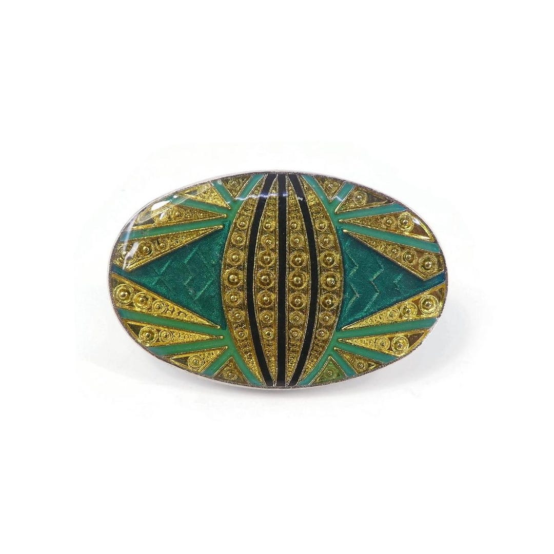 Vintage, Pierre Bex Style, Brooch, Green Black, Gold Tone, Oval, Art ...