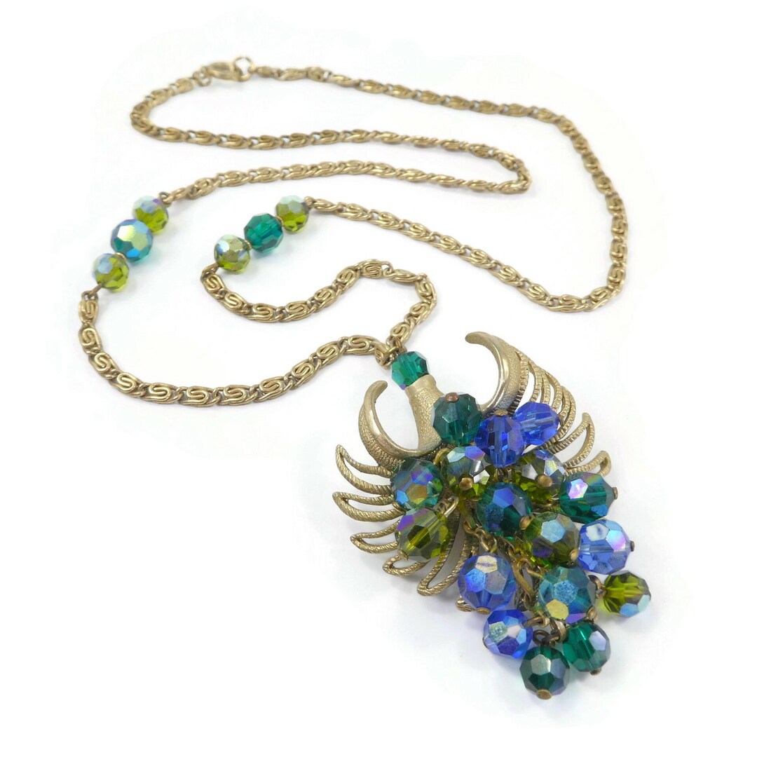 Vintage, Blue Green Cha Cha, Glass Bead Necklace, Chain, Gold Tone - Etsy