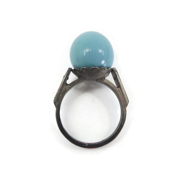 Vintage Sterling, Art Deco, Blue Glass Ball, Ring, Cl… - Gem