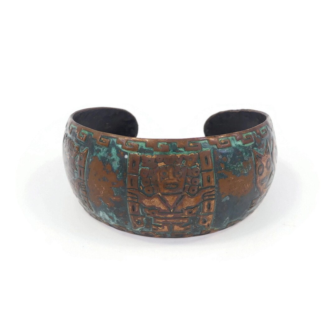 Vintage, Mayan Aztec, Cuff Bracelet, Copper, Green Patina, Mayan Cat - Etsy