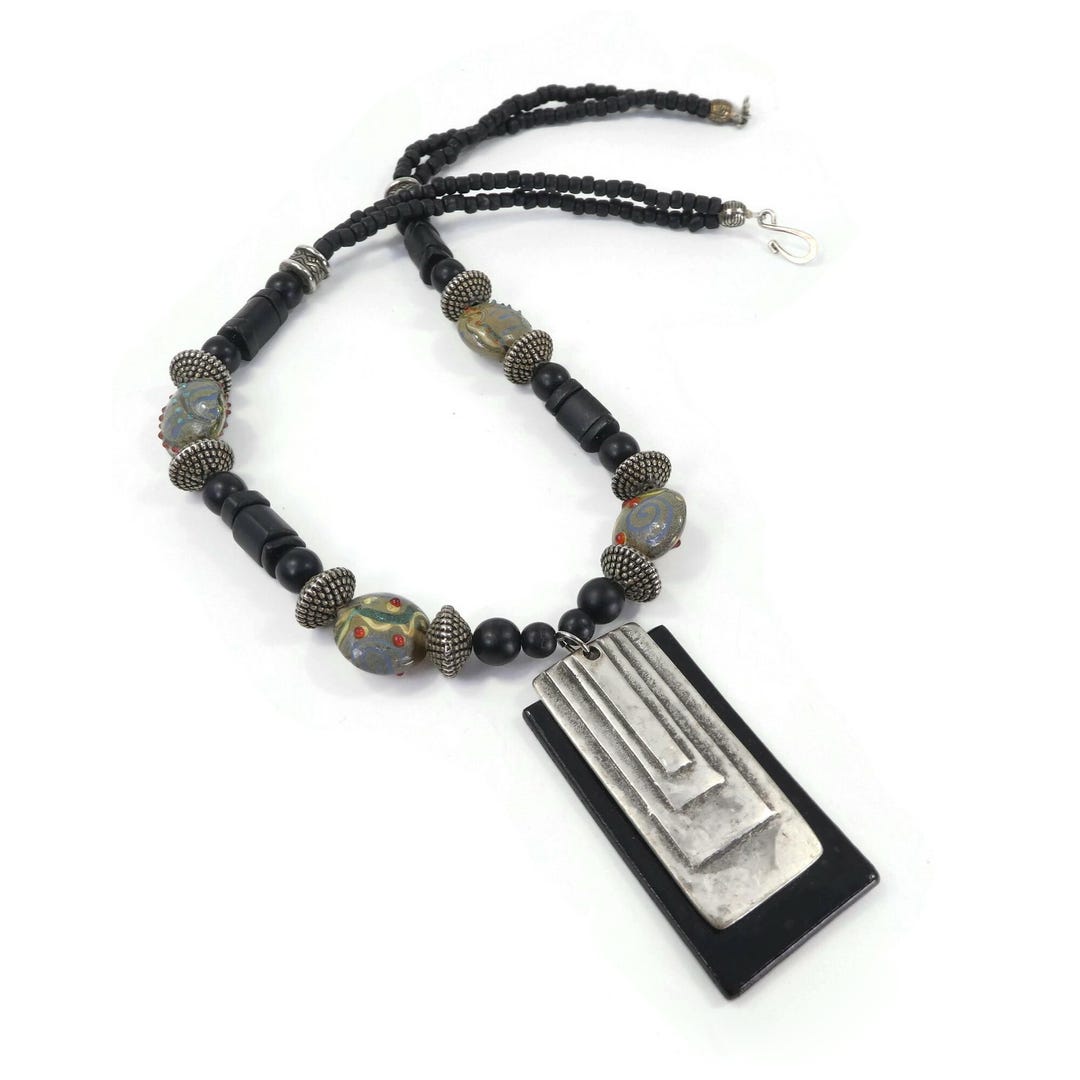 CAROL KENT, Art Glass Bead, Necklace, Matte Black Glass Beads, Silver ...