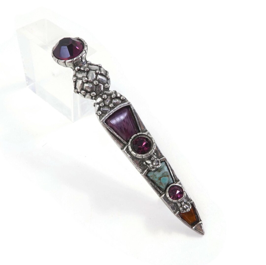 MIRACLE, Celtic Sword Brooch, Dagger, Rhinestone, Colored Glass, Silver ...