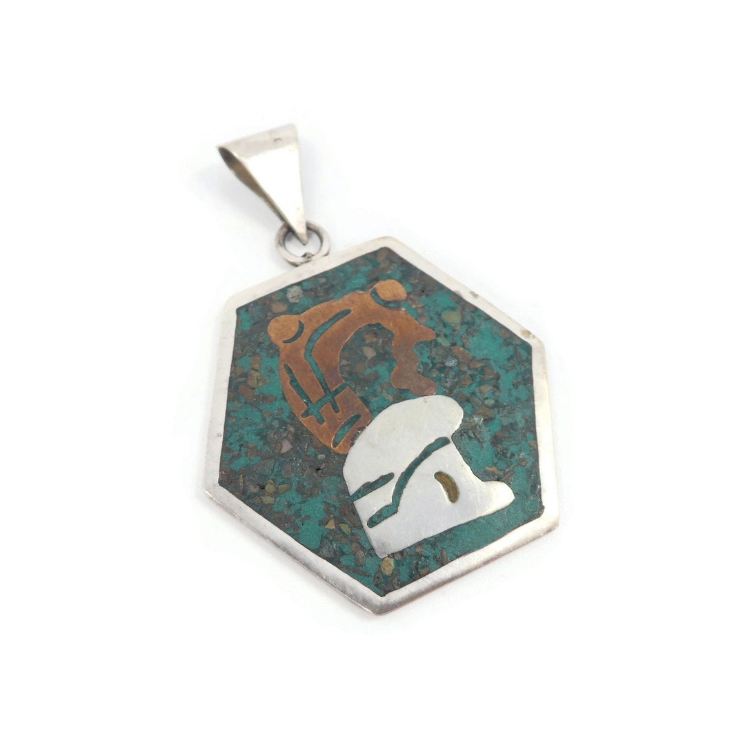 Vintage Mexico Sterling, Mayan Aztec Pendant, Stone Chip Inlay, Green ...