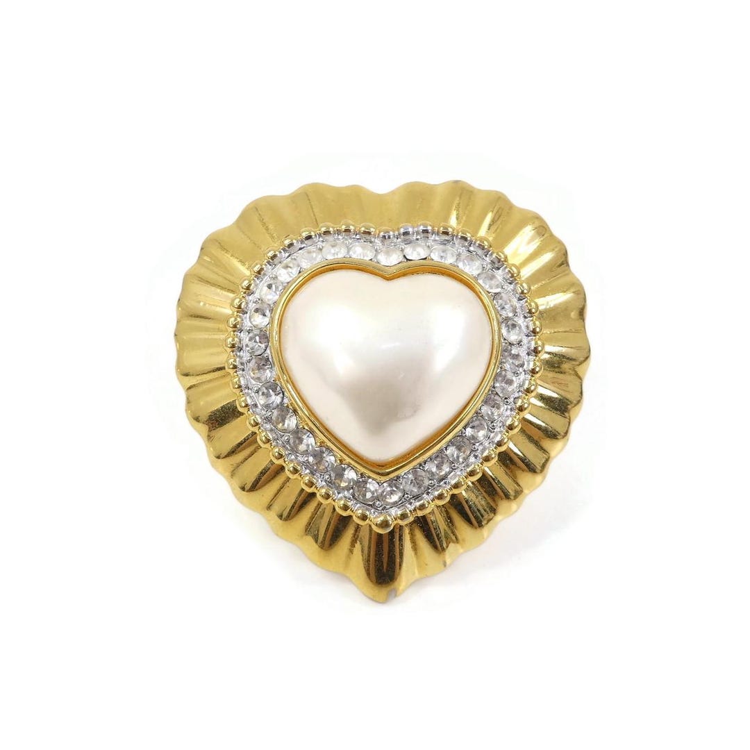 Vintage, ALFRED SUNG, Heart Brooch, Pearled Heart, Clear Rhinestones ...