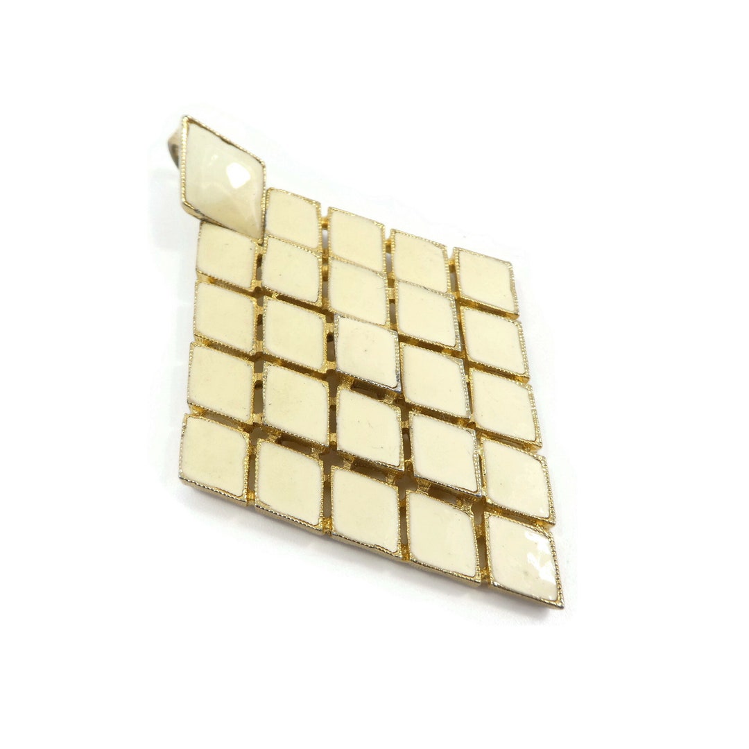Vintage, Cream Enamel Pendant, Diamond Shape, Gold Tone - Etsy