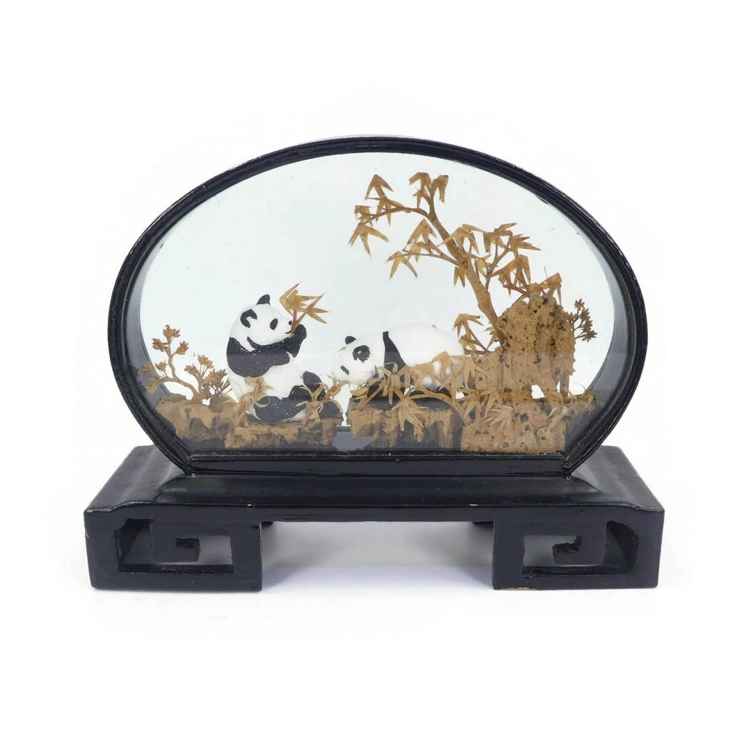 Vintage Chinese, Cork Carving Diorama, Pandas, Wood Case, Glass, Signed San You - Etsy