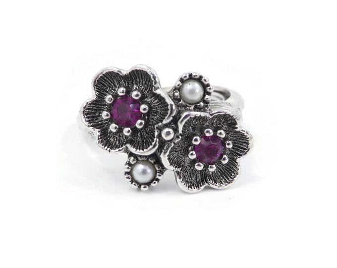 Vintage AVON, Flower Ring, Pink Rhinestones, Faux Pearls, Silver Tone ...