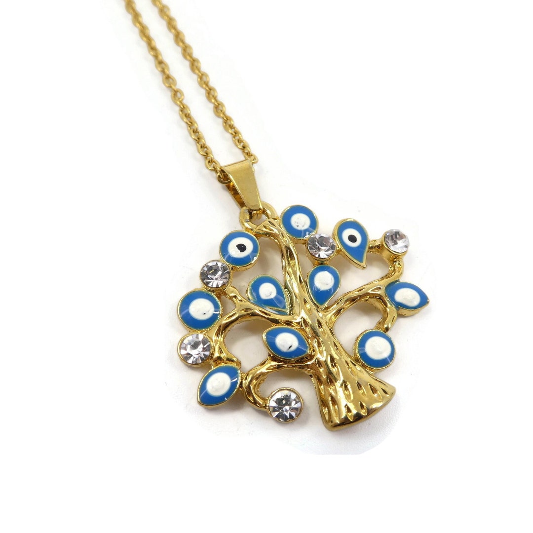 Vintage Evil Eye, Tree of Life Pendant, Necklace, Clear Rhinestones ...