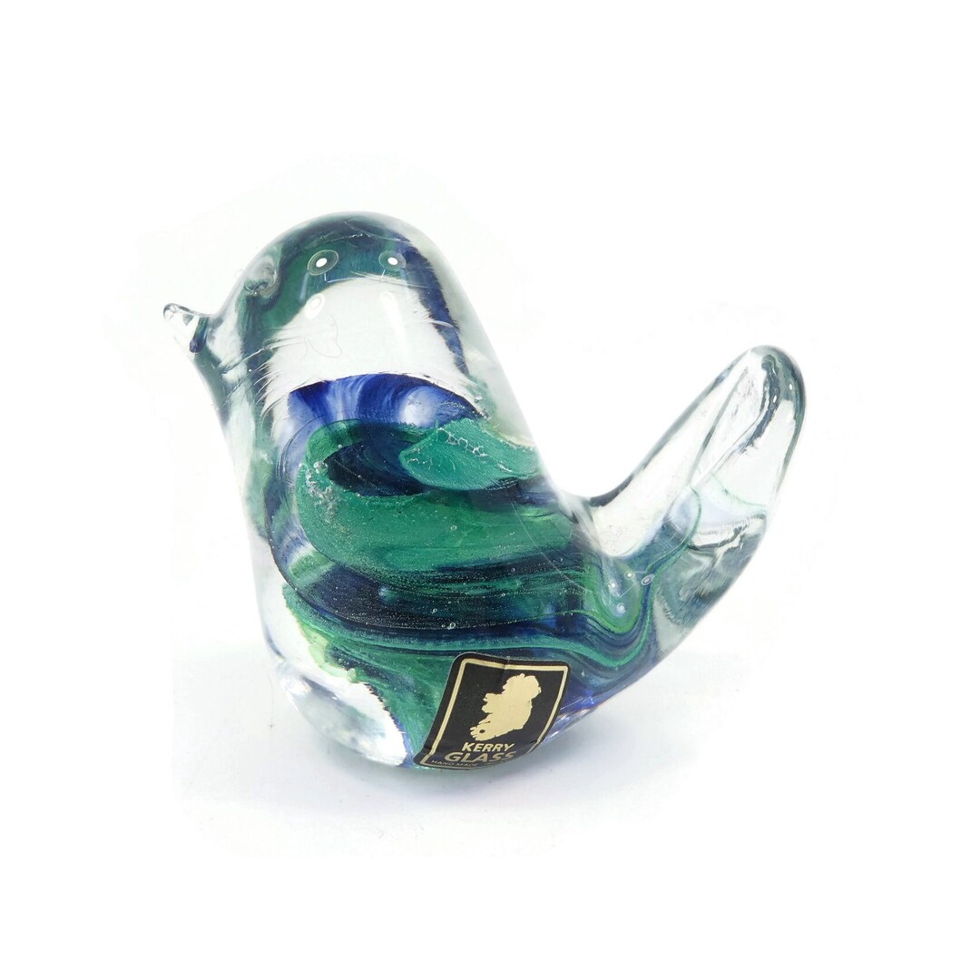 Vintage Irish, KERRY GLASS, Art Glass Bird, Figurine, Clear, Blue Teal ...