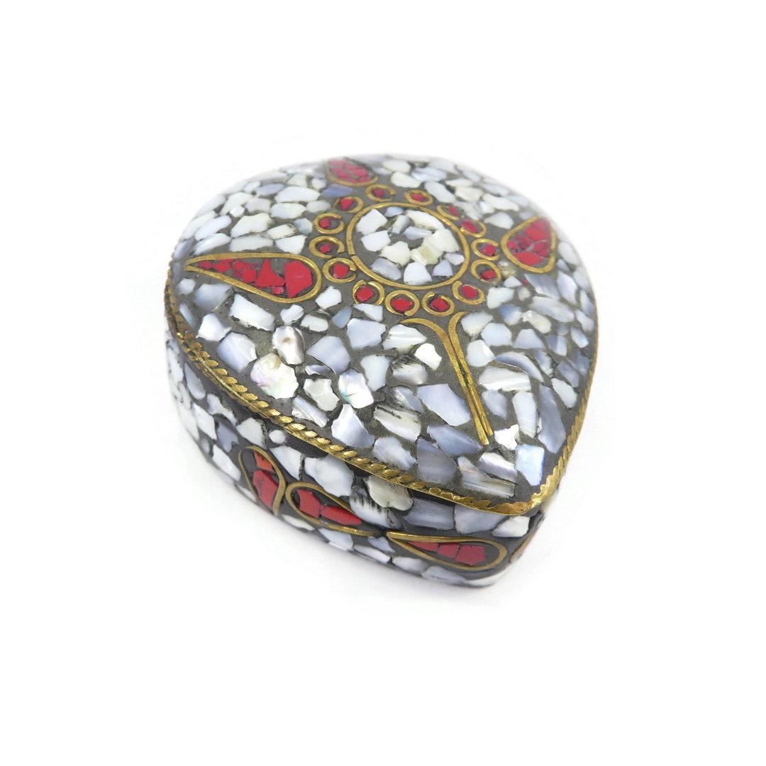 Vintage Tibetan, Abalone Chip, Jewelry Box, Trinket Box, Red Stone ...
