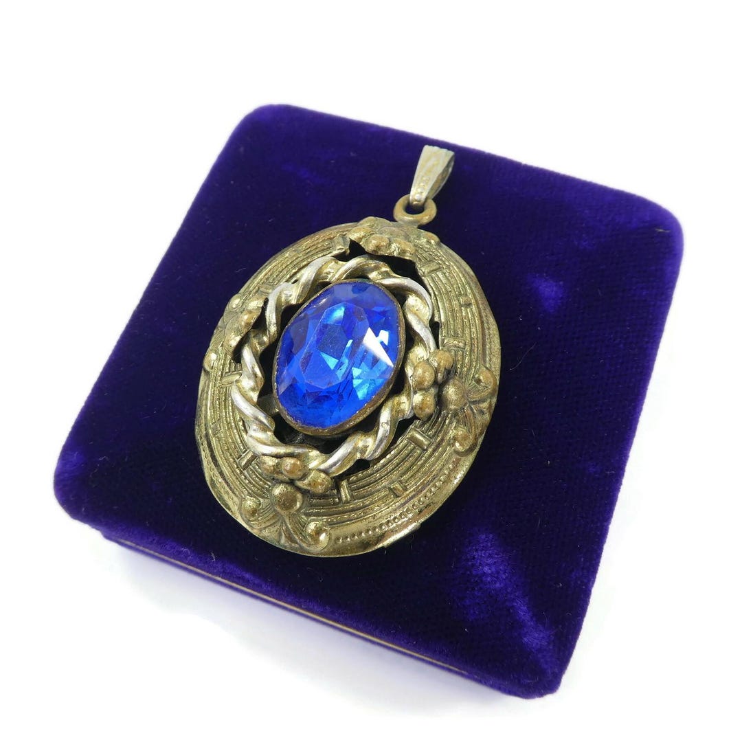 Vintage, Blue Glass Rhinestone, Pendant, Brassy Gold Tone, Filigree - Etsy