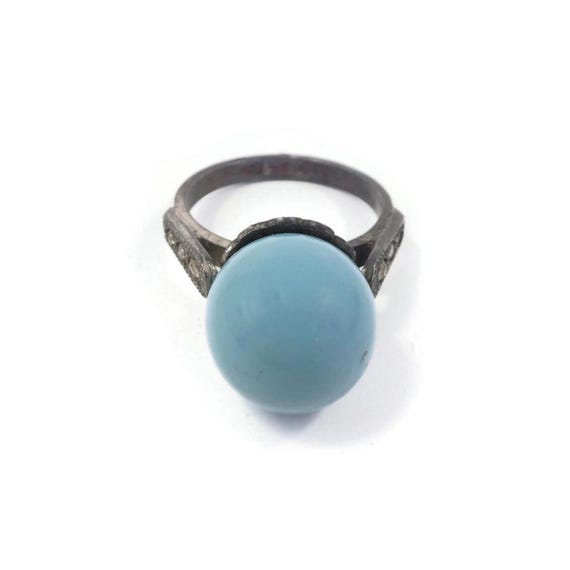 Vintage Sterling, Art Deco, Blue Glass Ball, Ring, Cl… - Gem