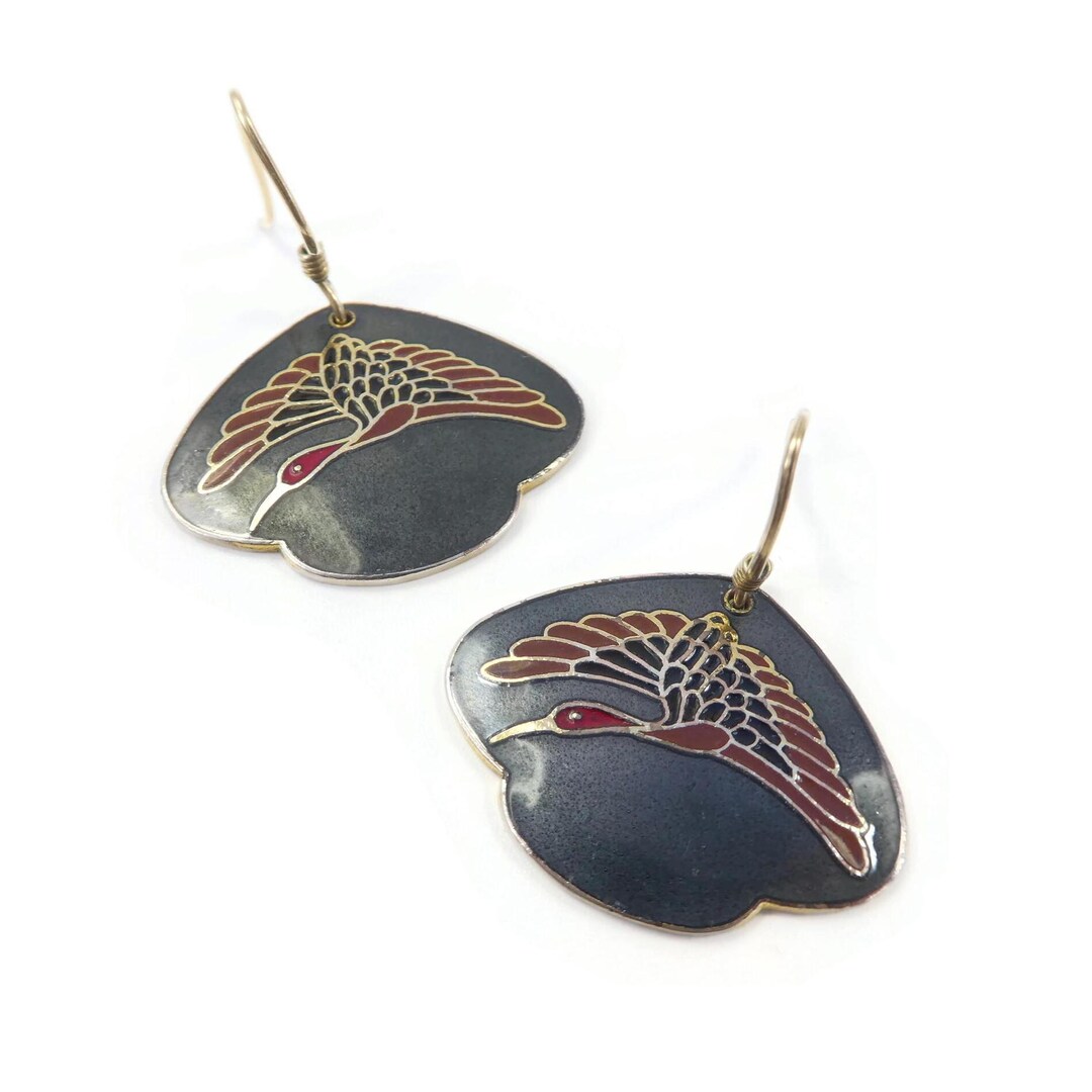 Vintage, LAUREL BURCH, Bird Earrings, Dangles, Grey Red Enamel, Gold ...