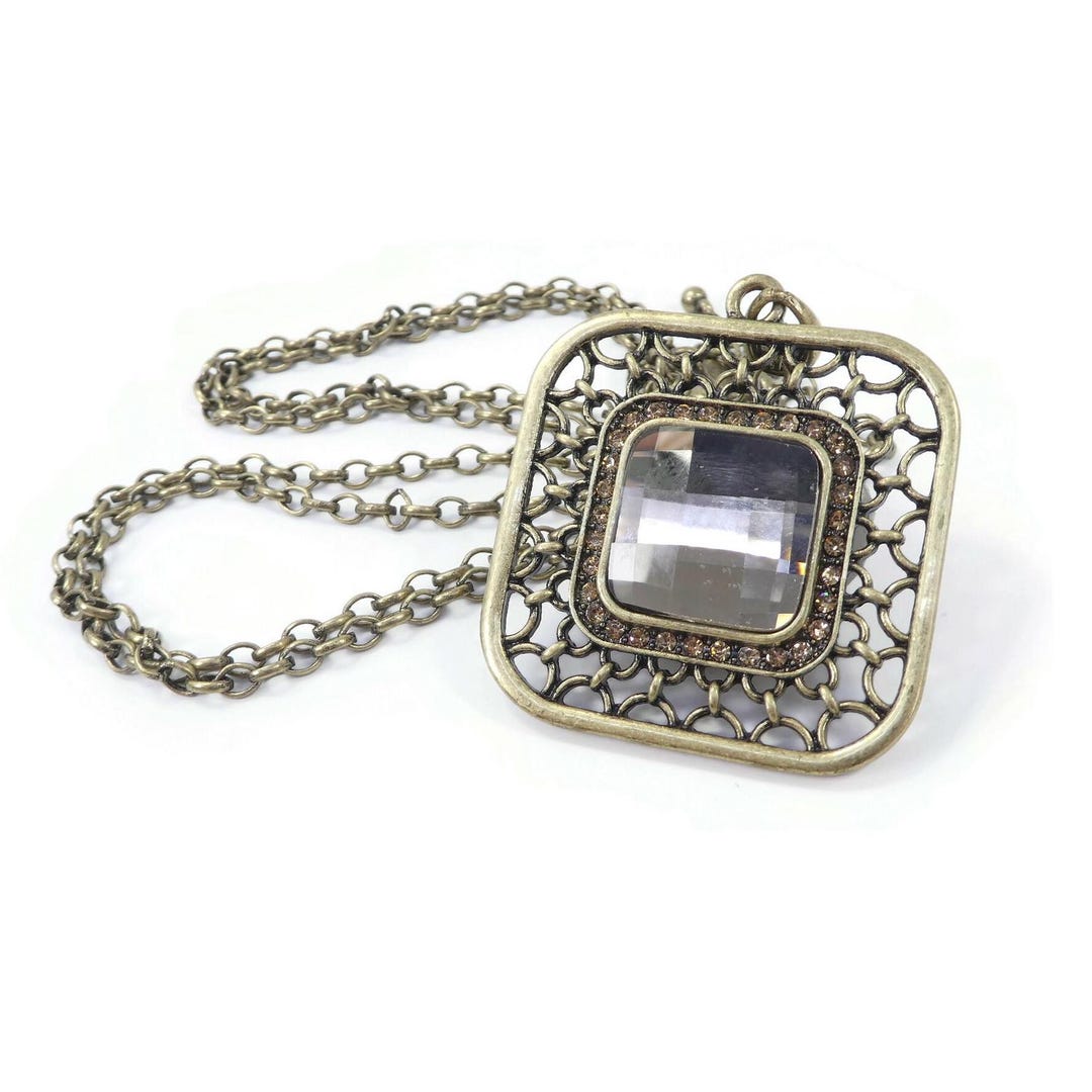 LIA SOPHIA, Squared Pendant, Necklace, Faceted Glass, Brassy Gold Tone ...
