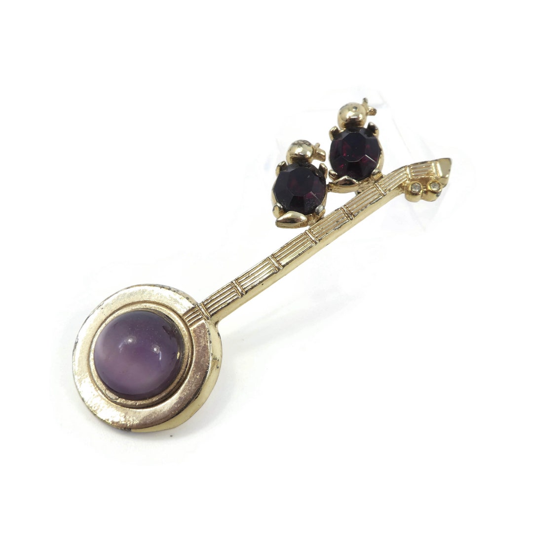 Vintage, MARCEL BOUCHER for Avon of Belleville, Banjo Brooch, Birds, Rare, Purple Rhinestones ...