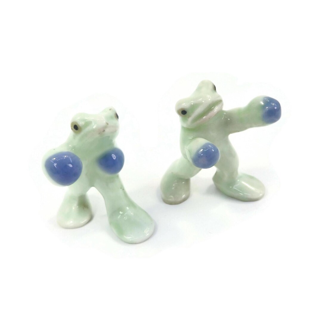 Vintage, Occupied Japan, Boxer Frog Figurines, Pair, Green Blue ...