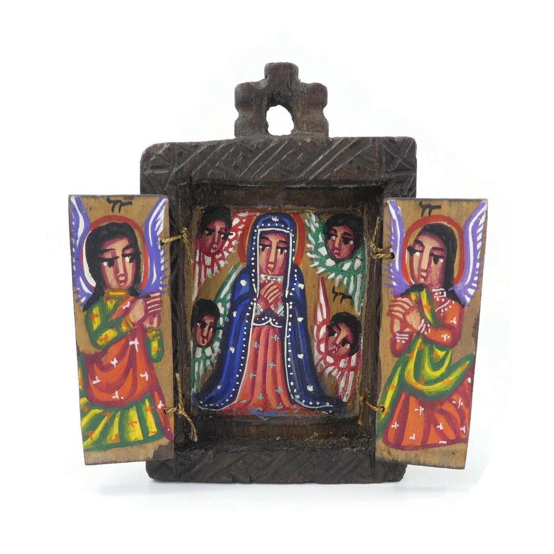 Vintage Ethiopian, Triptych Wood Shrine, Angels, Alter, Hand Painted ...